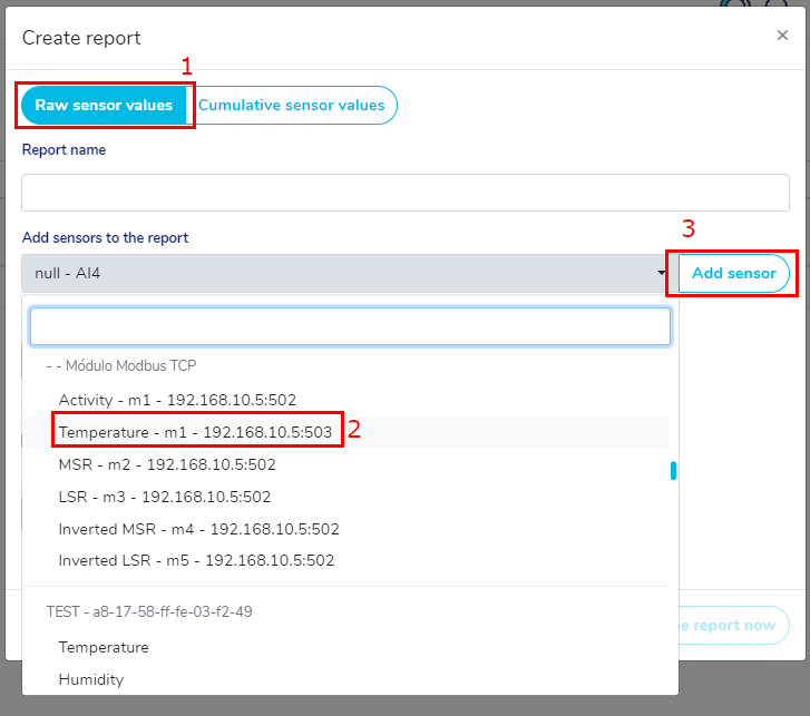 Create/edit sensor data reports. Send the report. – Centro de Ayuda