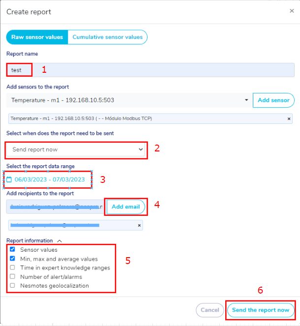 Create/edit sensor data reports. Send the report. – Centro de Ayuda